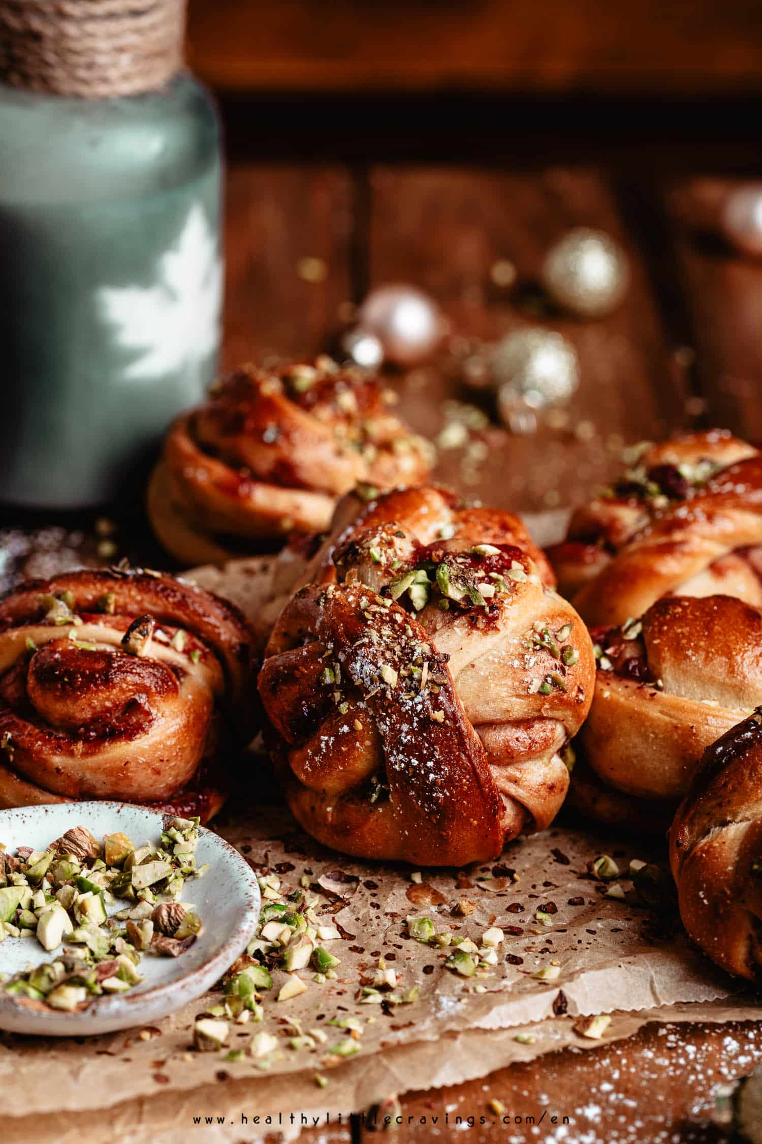 Christmas Cinnamon Rolls With Lingonberry & Pistachios